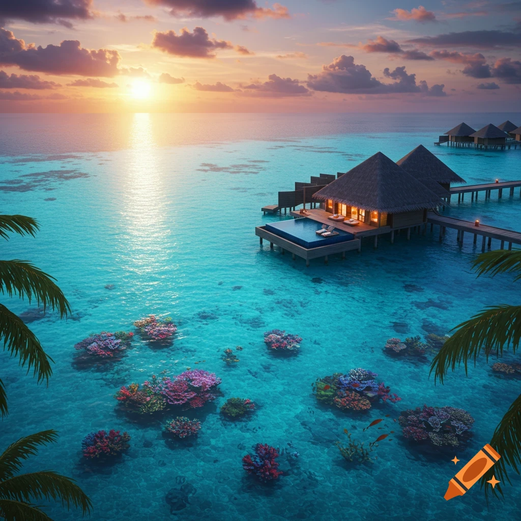 Photorealistic luxury overwater bungalows and vibrant coral reefs in a ...