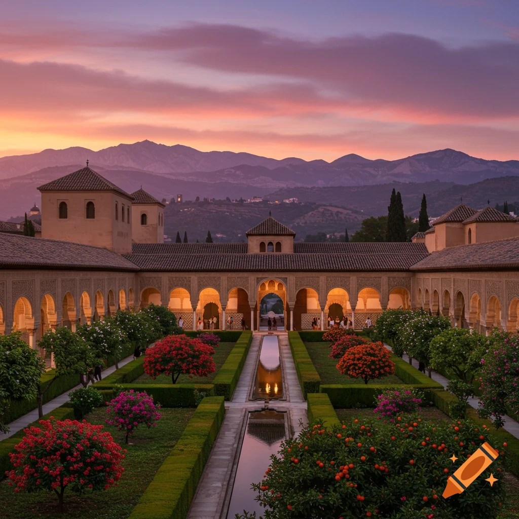 A grand palace courtyard garden with a long reflecting pool, vibrant ...
