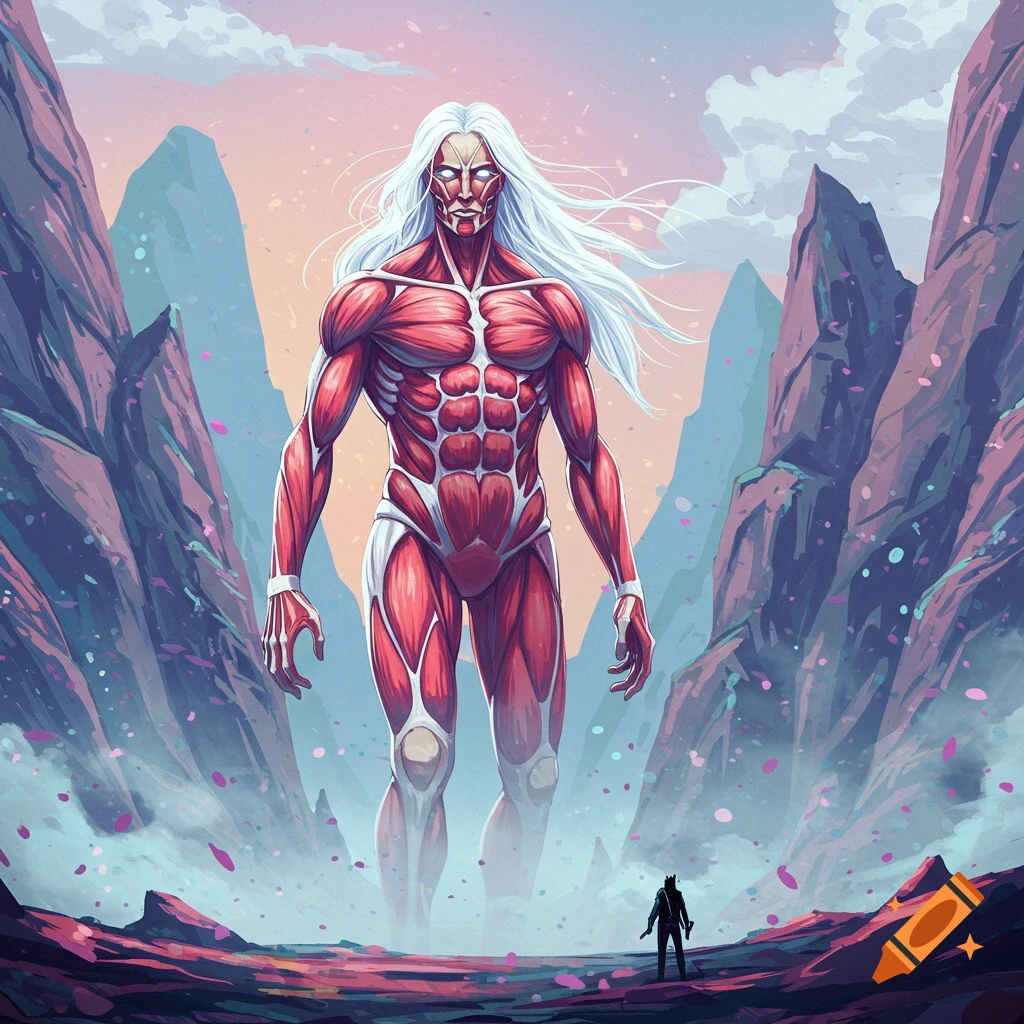 A colossal, muscular white-haired titan with glowing eyes stands amidst purple mountains, a tiny ...