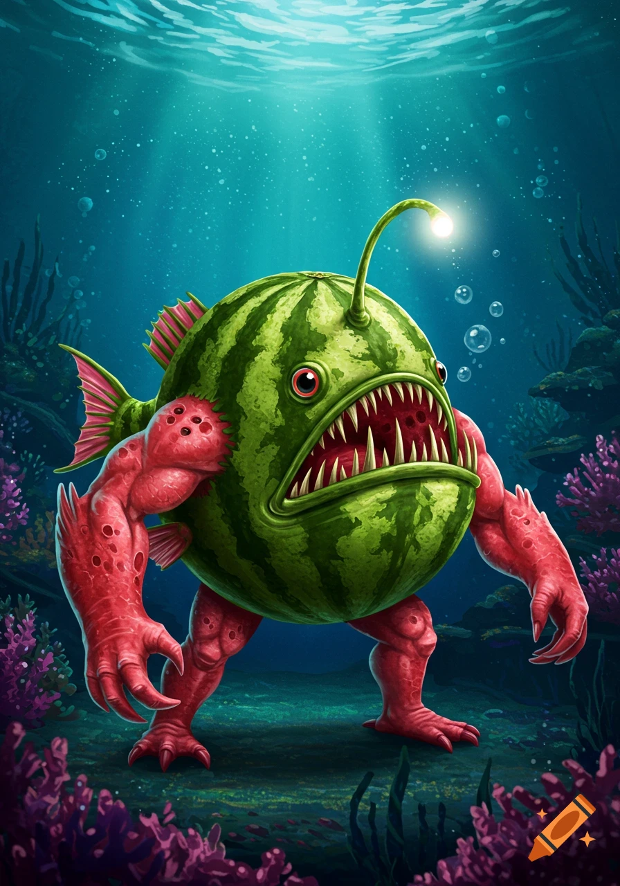 A fantastical anglerfish-watermelon hybrid creature with muscular red ...