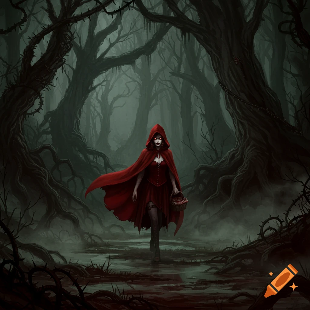 Demonic Little Red Riding Hood with glowing eyes walks through a dark ...