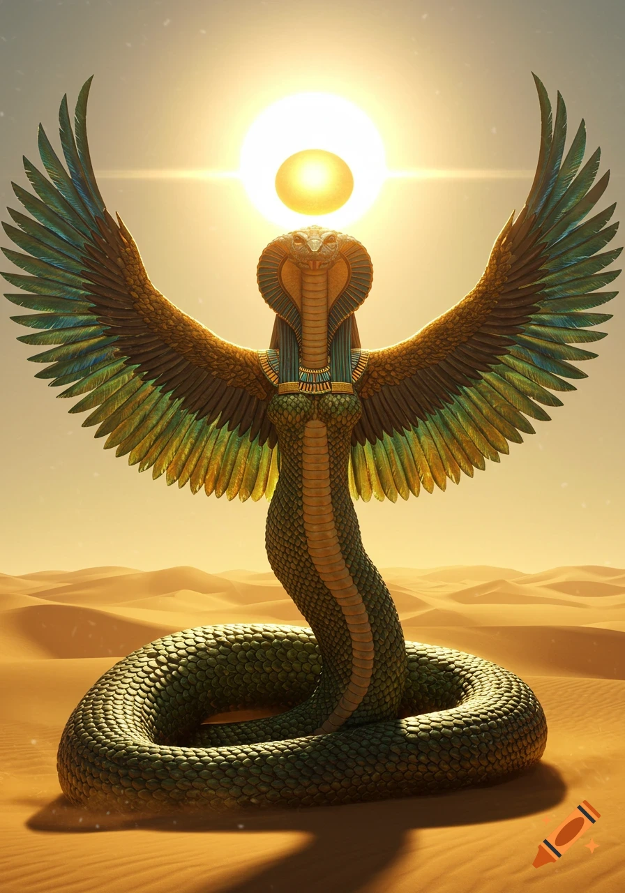 Detailed depiction of the Egyptian deity Wadjet as a winged cobra ...