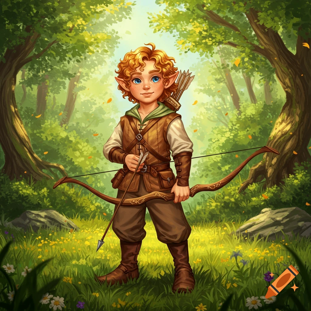 A cheerful, bearded hobbit with pointy ears stands in front of a hobbit ...