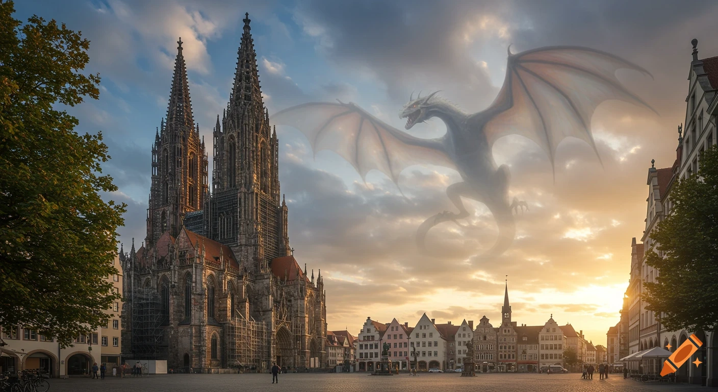 Photorealistic wide-angle shot of Ulm Minster with a subtle, semi ...
