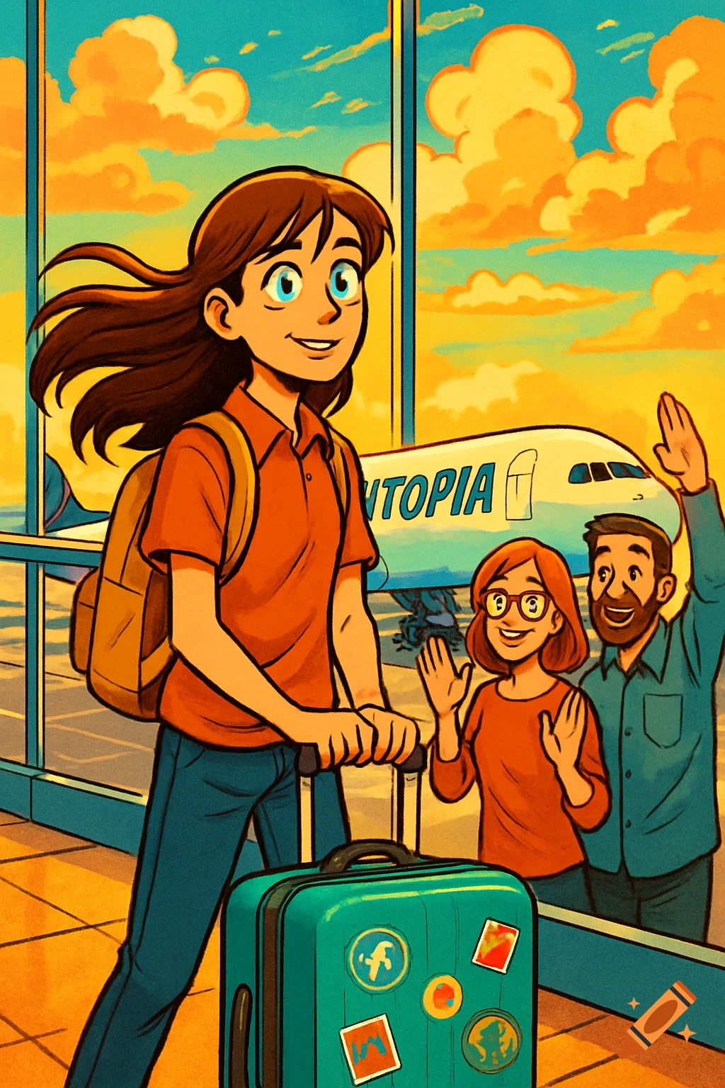 Comic art of people watching an airplane take off from Zurich airport ...