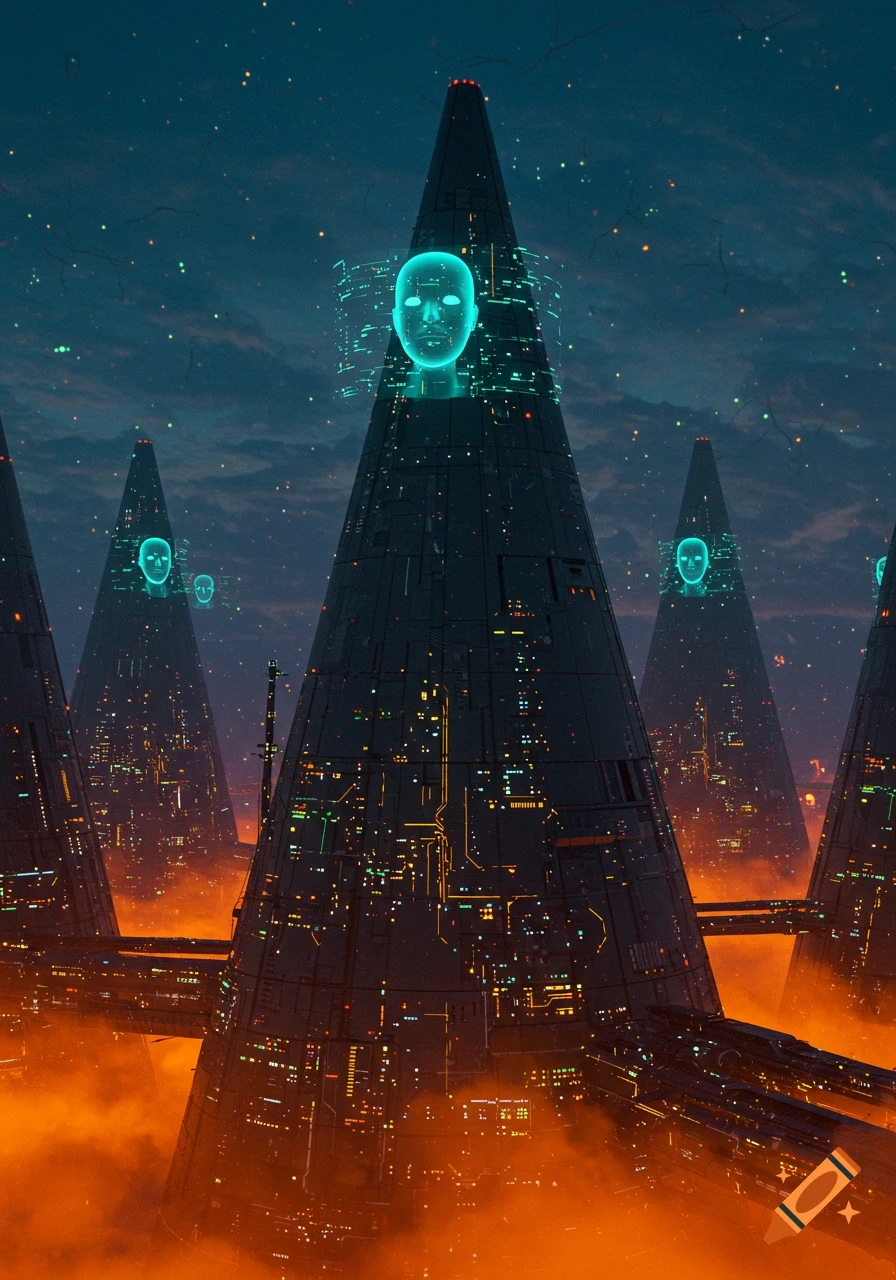 A sci-fi dystopian city at night with towering cone buildings topped by ...