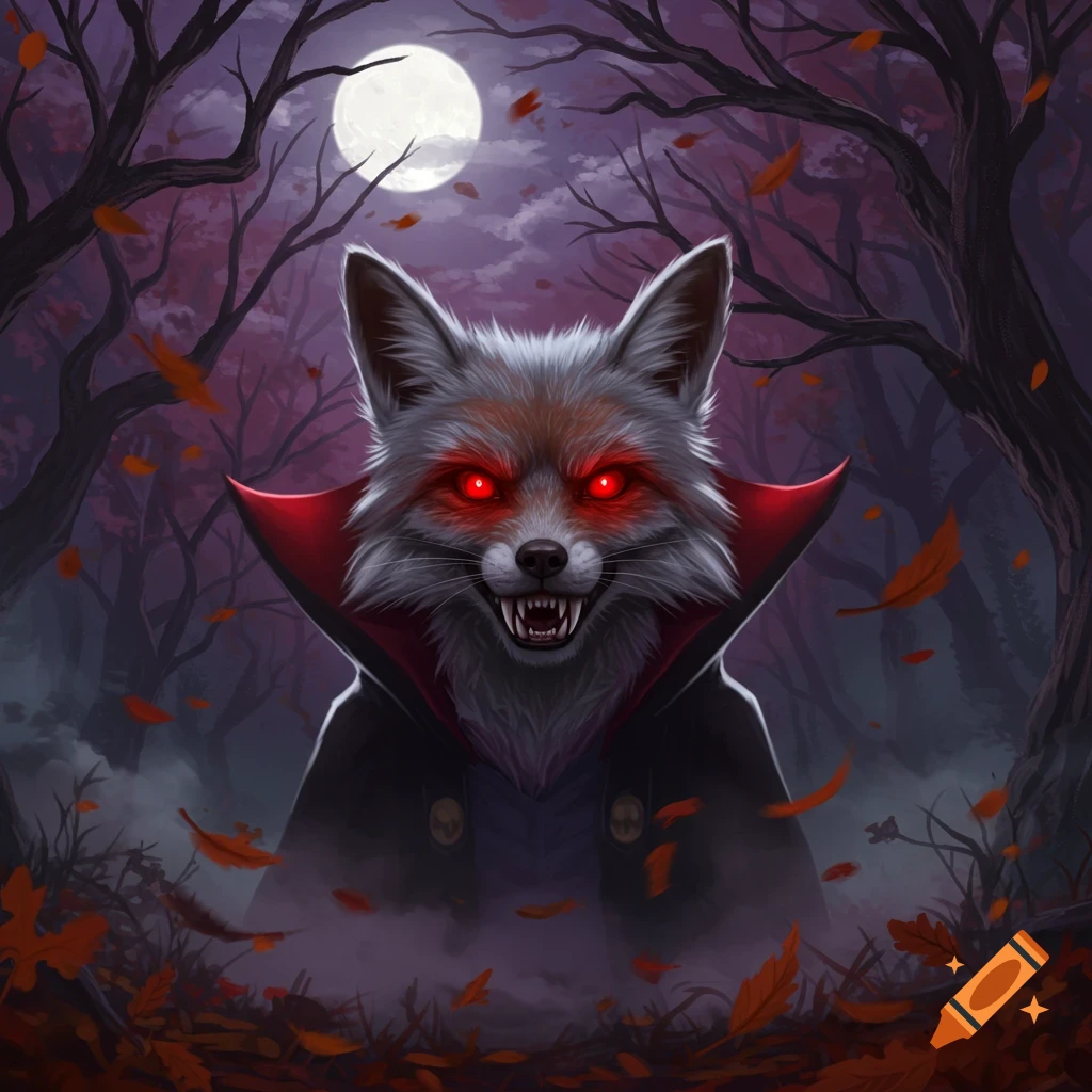 A menacing gray vampire fox with glowing red eyes and fangs, wearing a black and red cape ...
