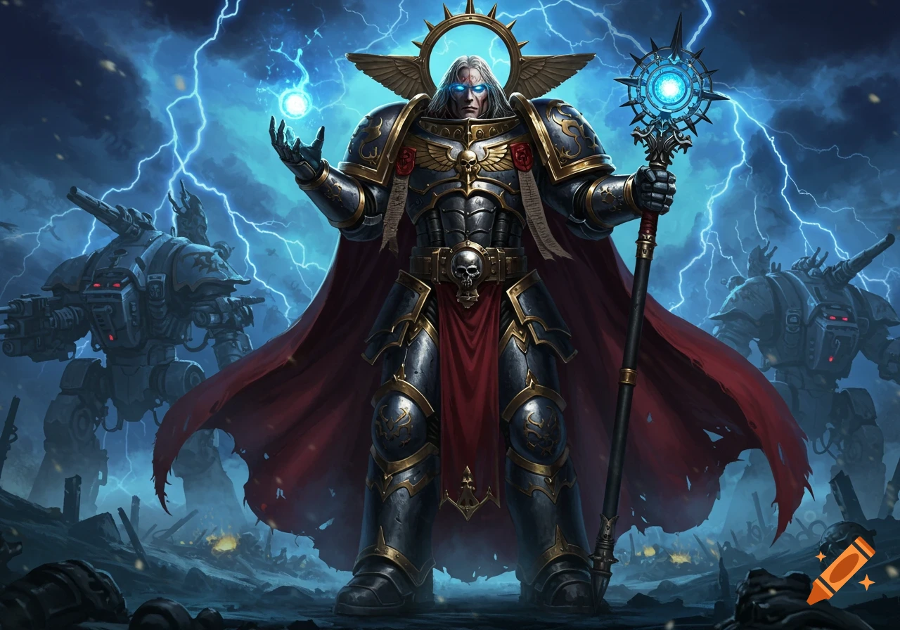 A blue and gold armored Space Marine stands on a rocky alien planet ...