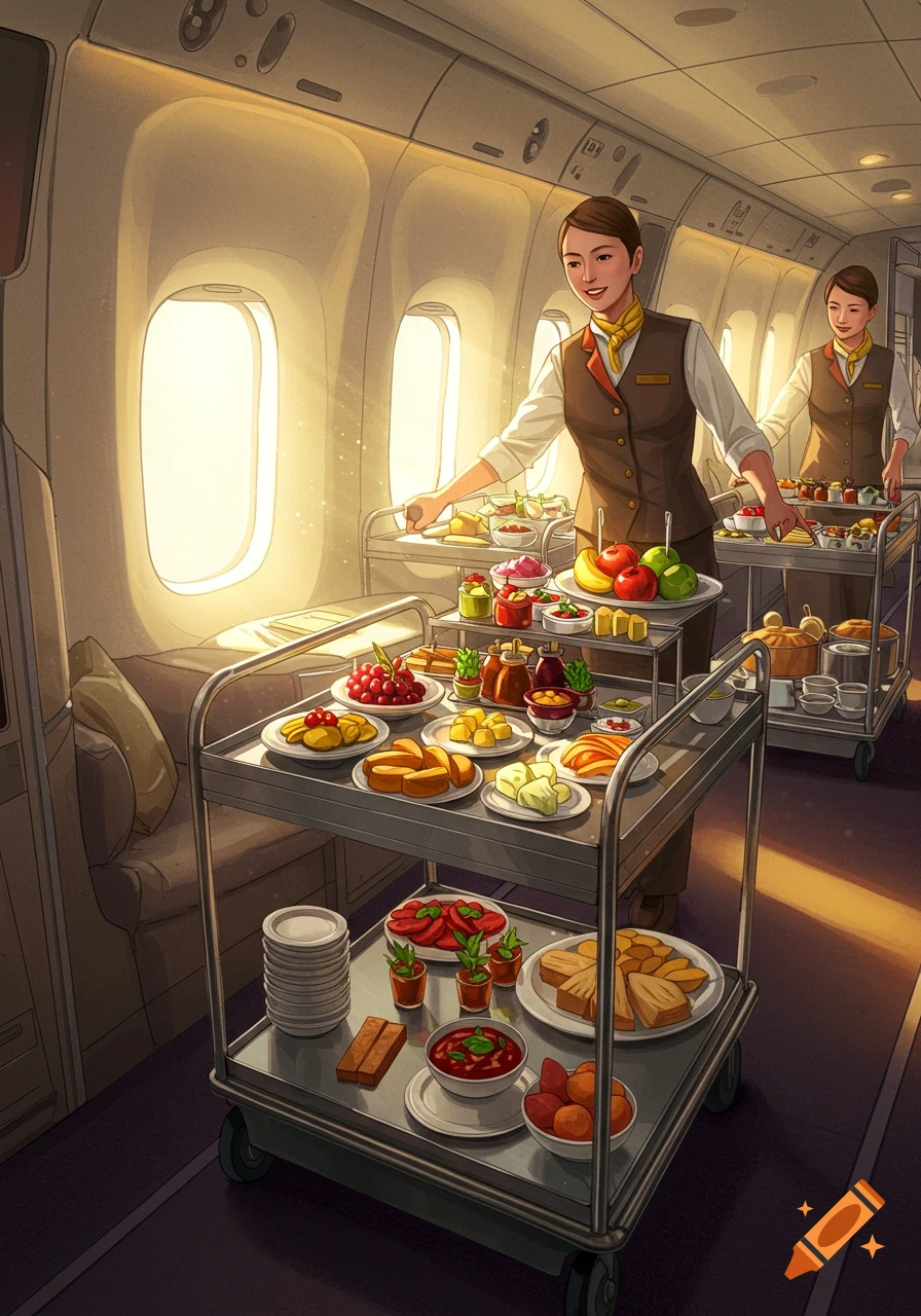 Two flight attendants push food carts filled with various meals down an ...