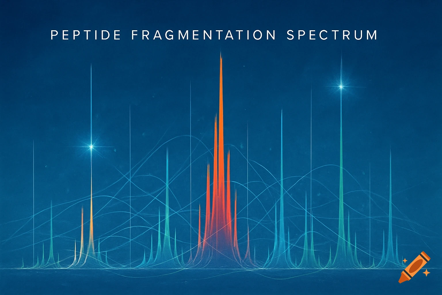 An abstract scientific visualization showing a peptide fragmentation ...