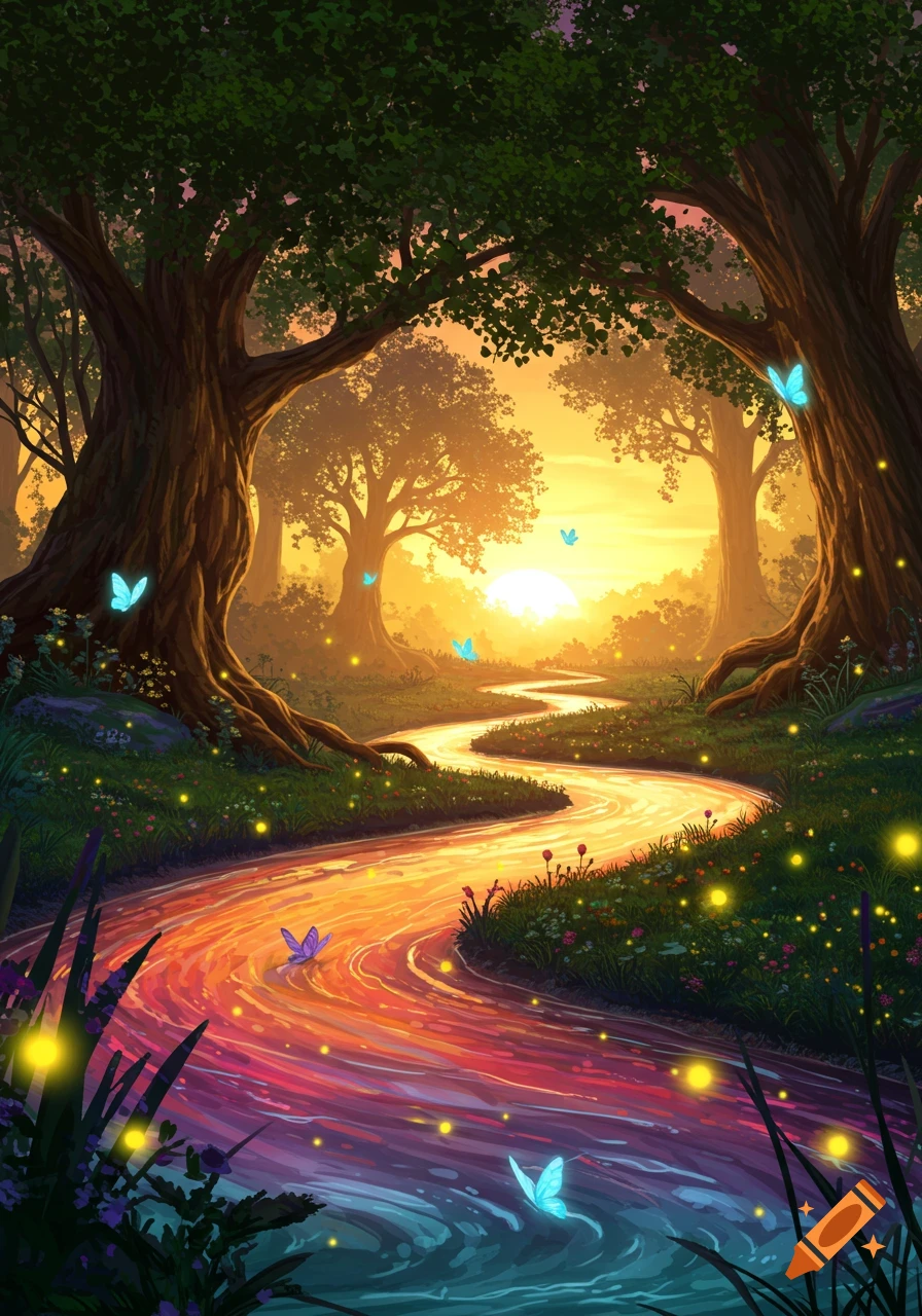 A magical forest at sunset with a glowing, multi-colored river winding ...