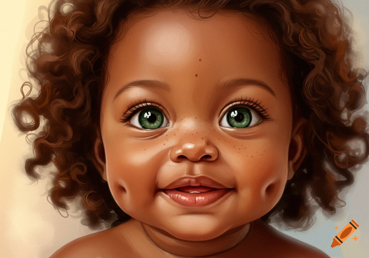 An illustrated close-up portrait of a smiling baby with dark brown skin, curly brown hair, green ...