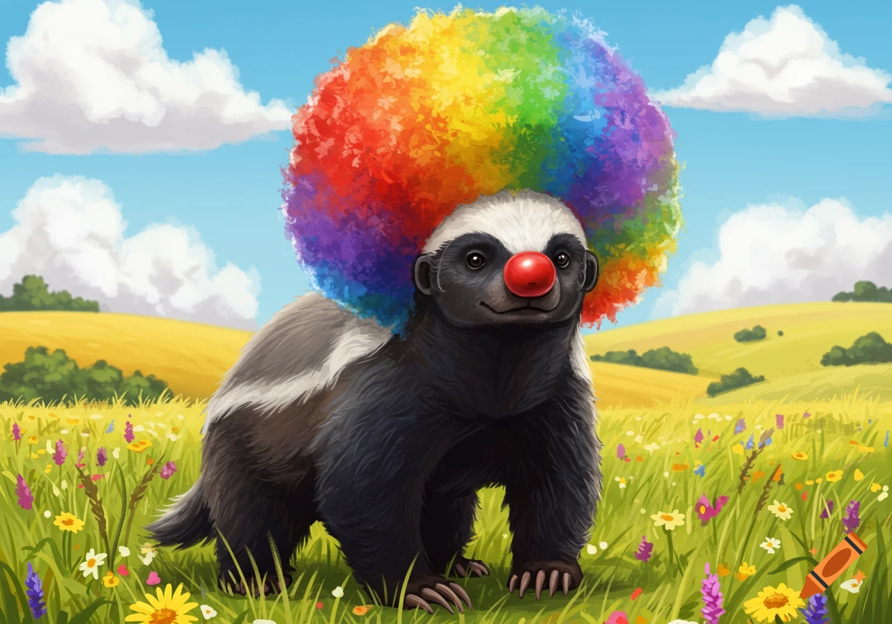 A smiling honey badger with a red clown nose and a huge rainbow afro ...