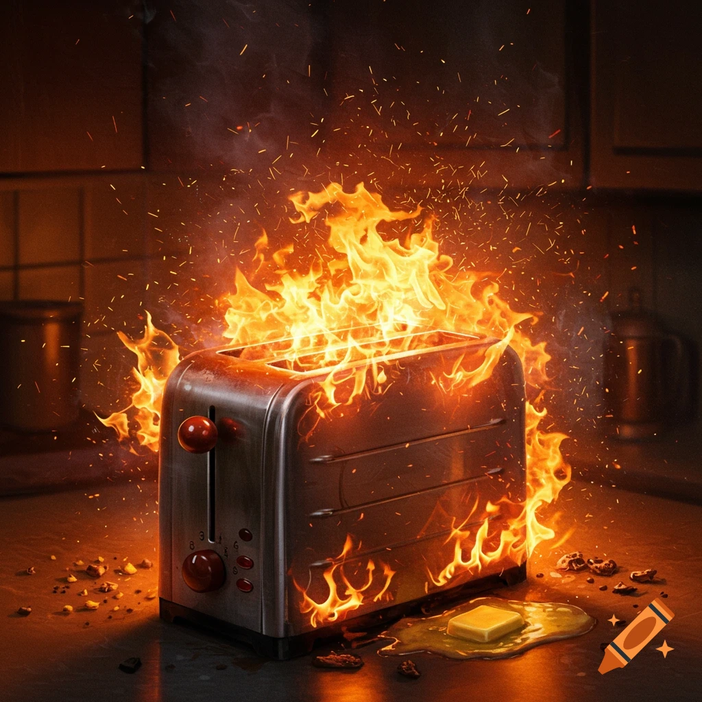 A close-up of a silver toaster engulfed in flames and sparks on a ...