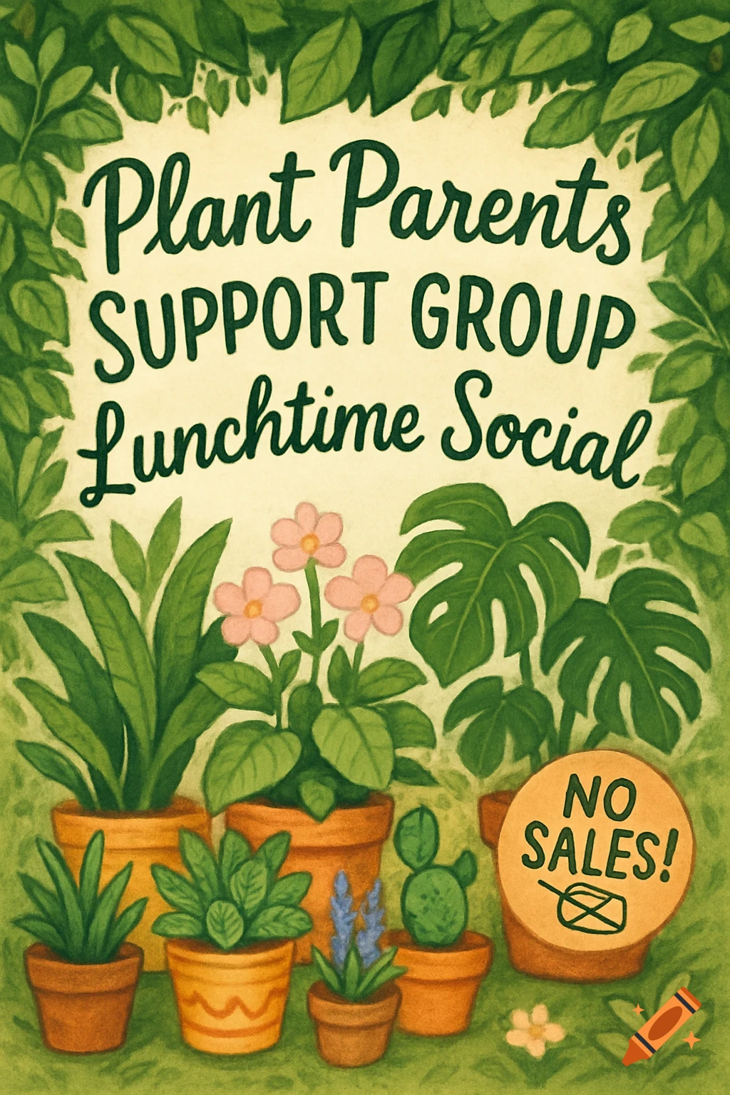 Illustrated flyer for a 'Plant Parents Support Group Lunchtime Social ...