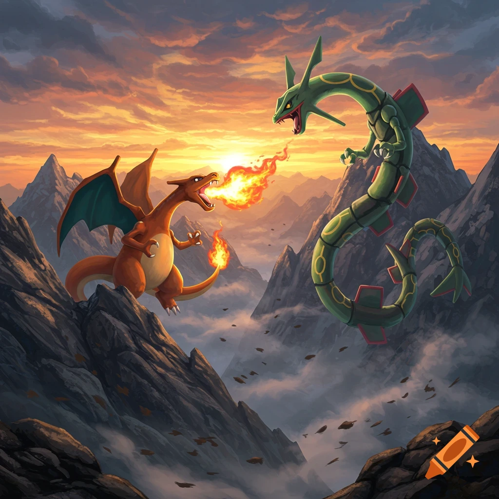 Charizard breathing fire at Rayquaza in an epic battle over misty ...