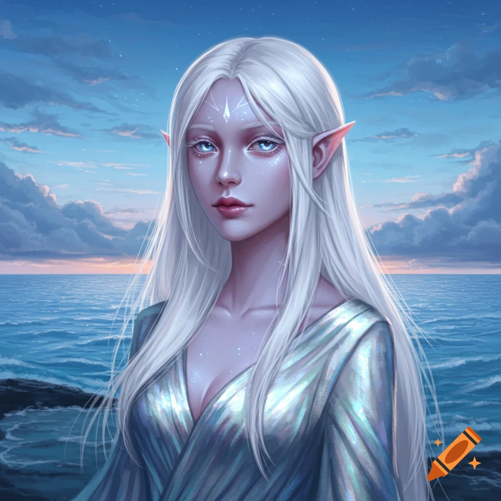 A digitally painted portrait of an ethereal elf-like woman with long ...
