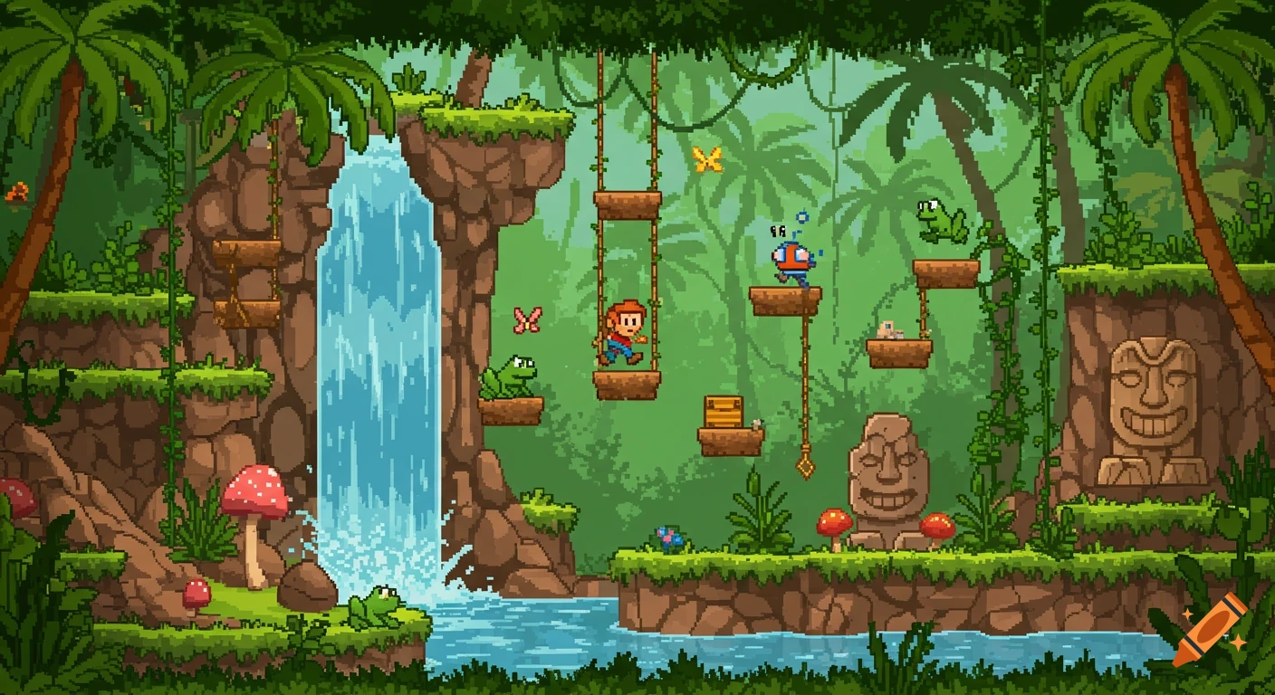 An 8-bit pixel art jungle platformer level with a character, waterfall ...