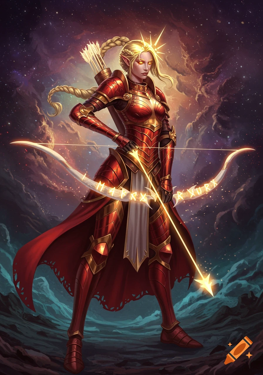 A blonde demigod woman in shining red and gold armor, with glowing eyes ...