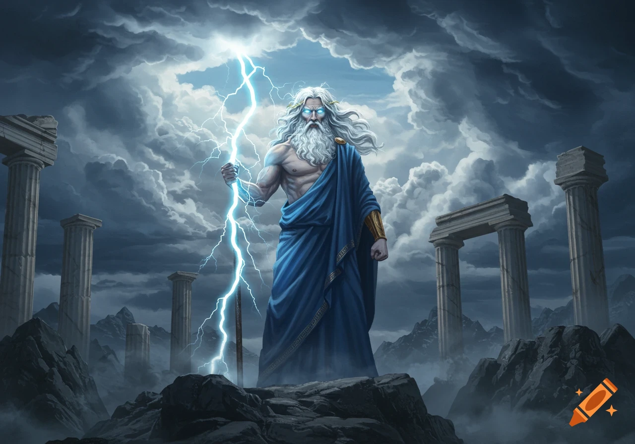 Zeus, the Greek god, stands on a rocky outcrop amidst ancient temple ...