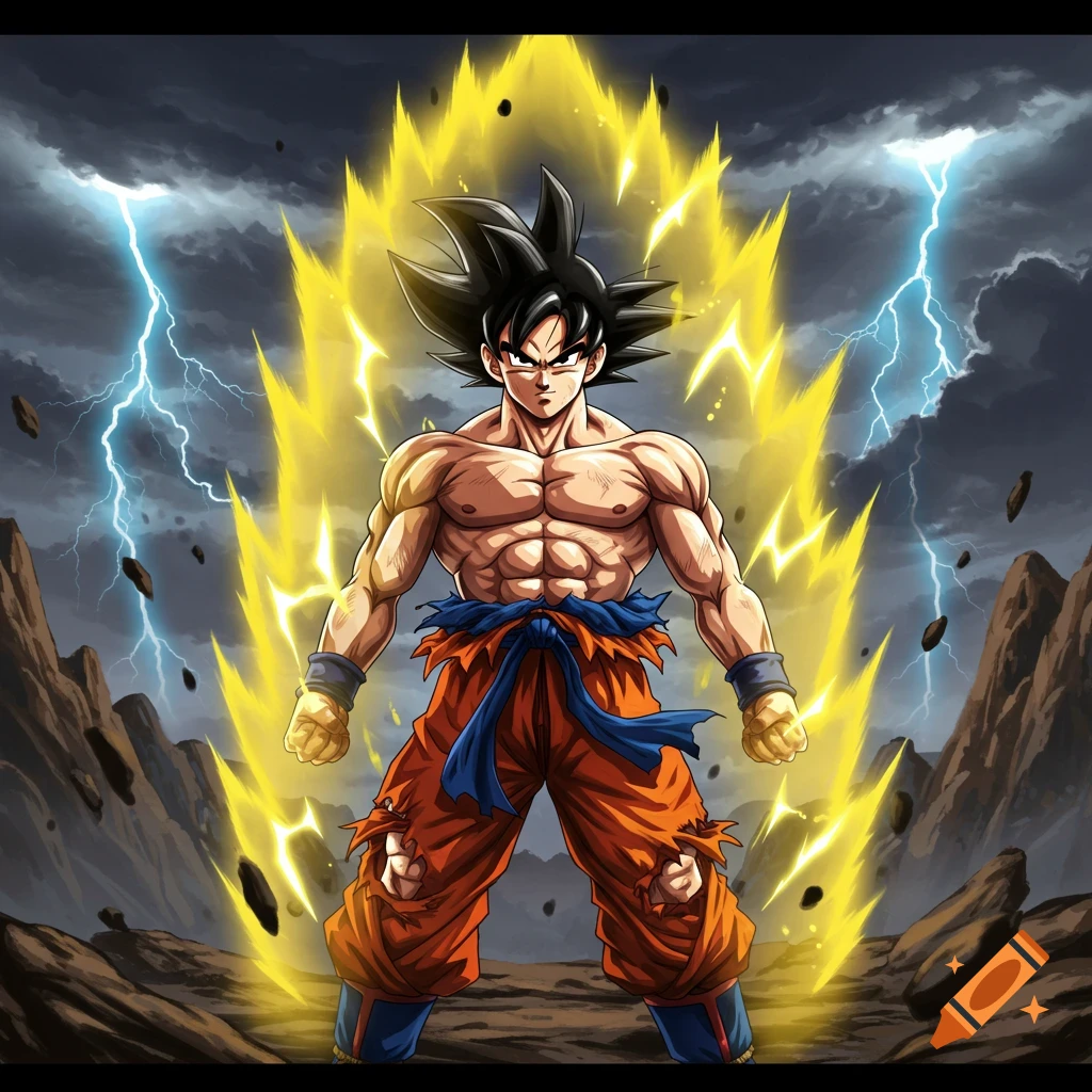 Goku in Super Saiyan form, shirtless, glowing with yellow energy ...
