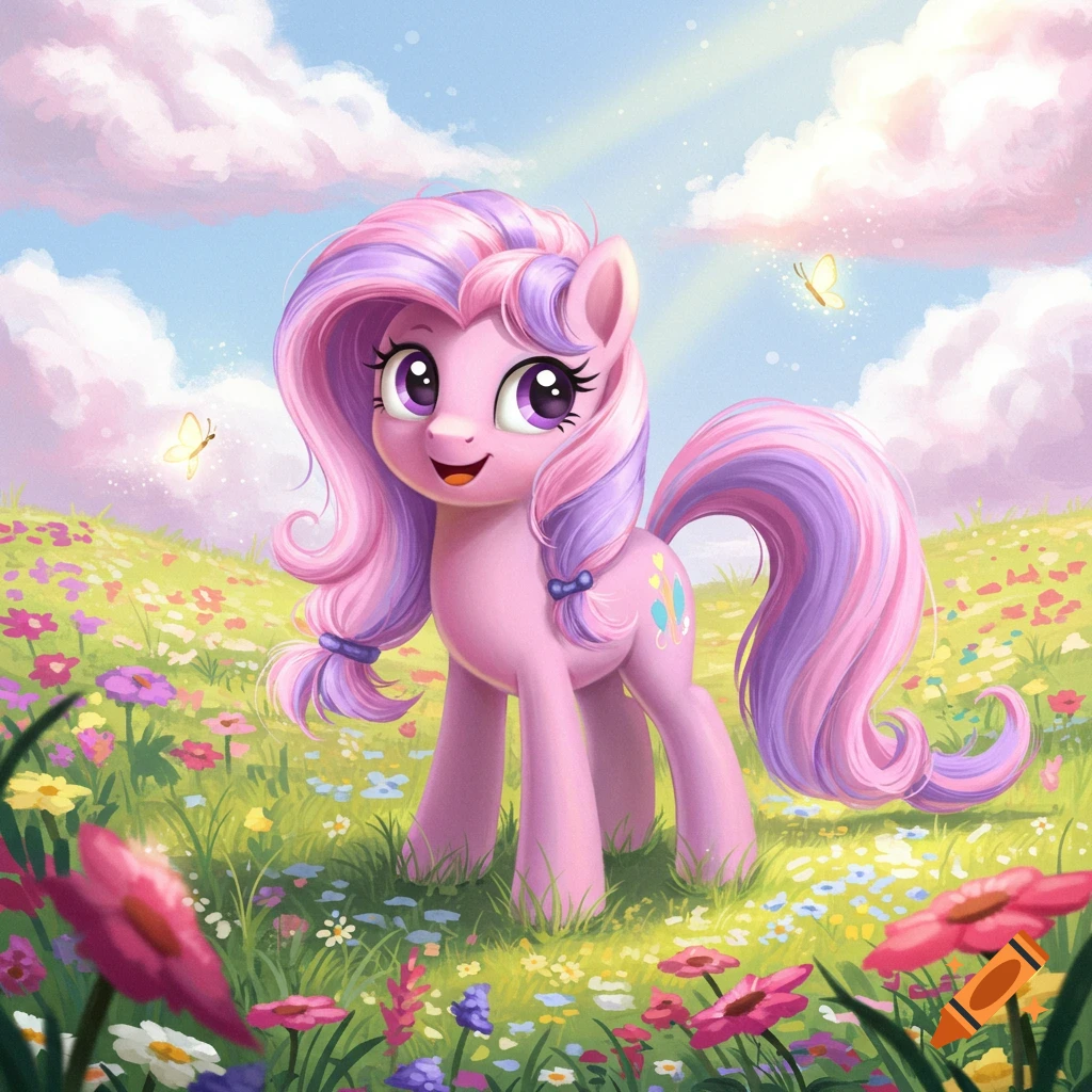 A cartoon pink pony with blue and pink mane stands in a field of ...