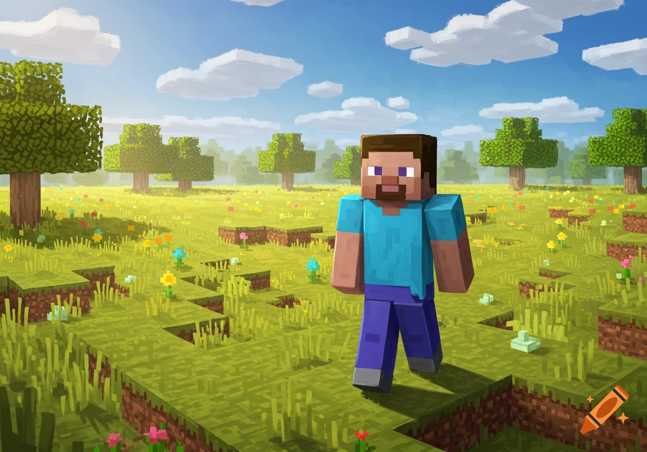 Minecraft character Steve stands in a blocky grassy plains landscape ...