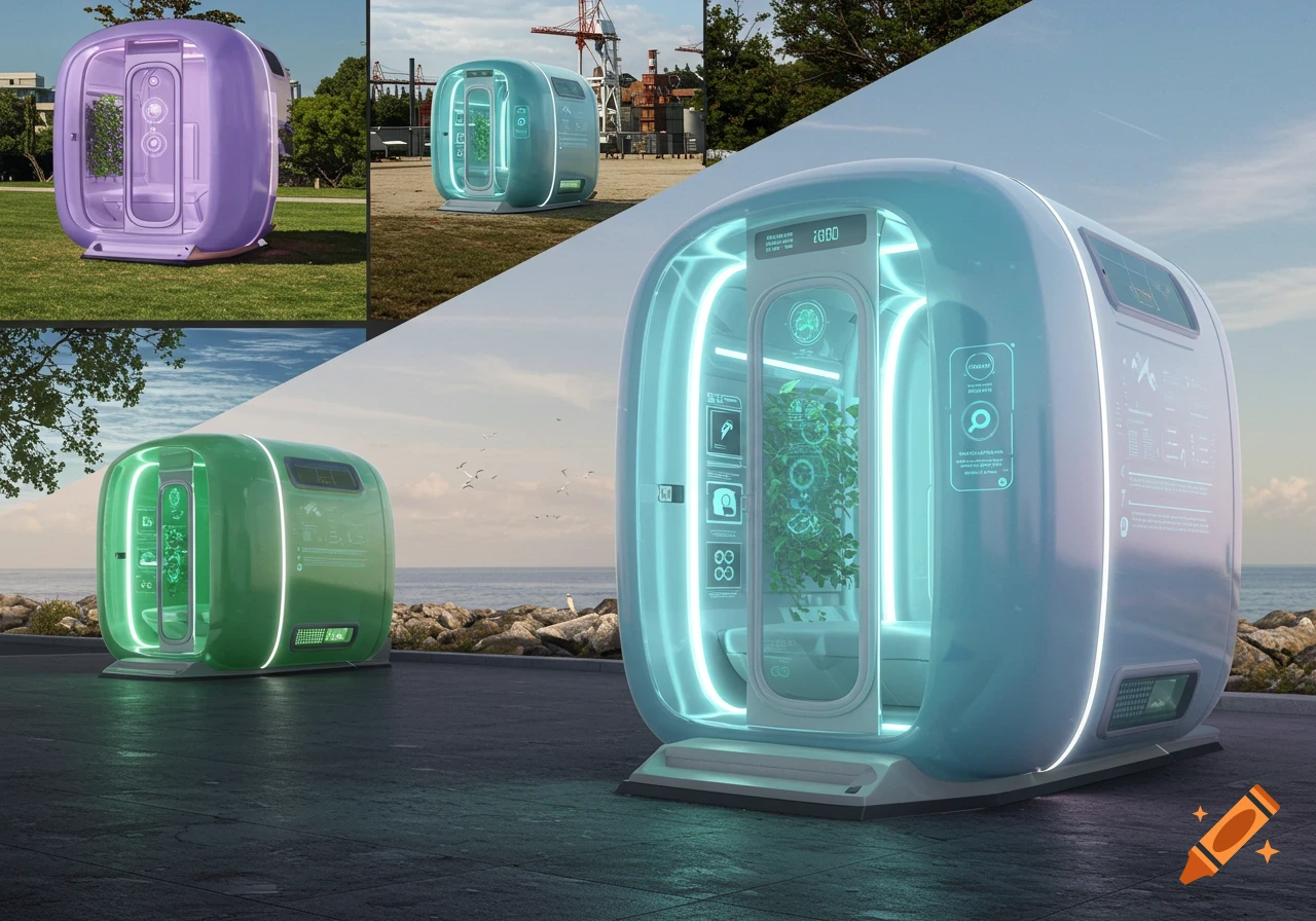 Sleek, glowing, futuristic modular pods in purple, green, and teal, set ...
