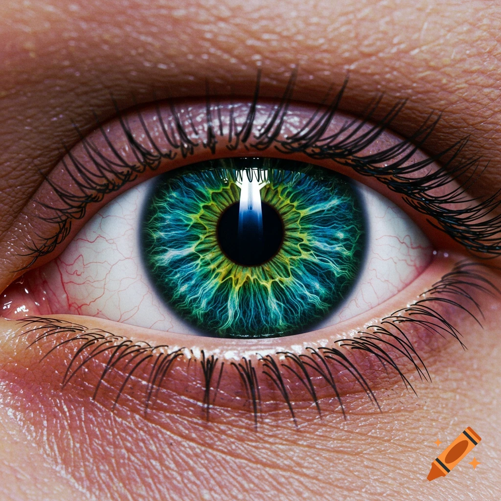 Close-up of a human eye with a vibrant, intricate green and blue iris ...