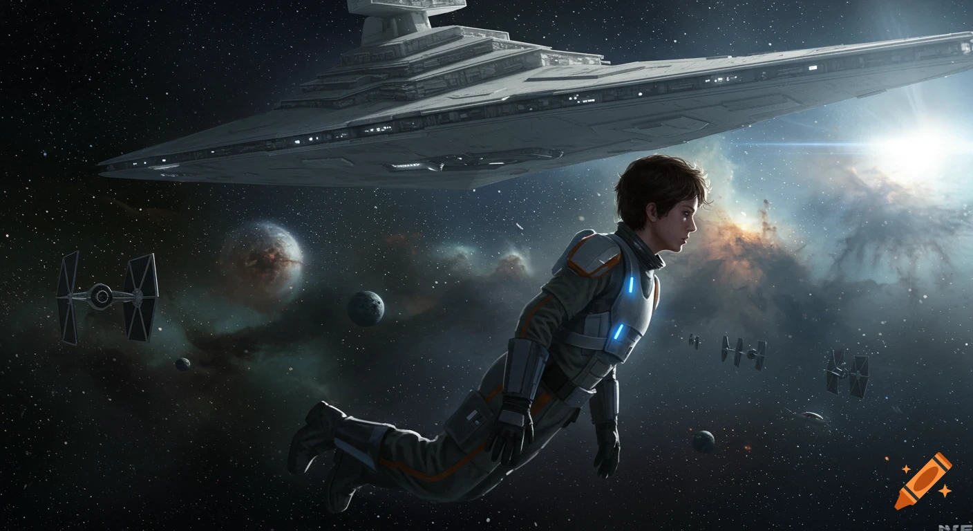 A cinematic, highly detailed scene of a person in a futuristic spacesuit spacewalking in space ...