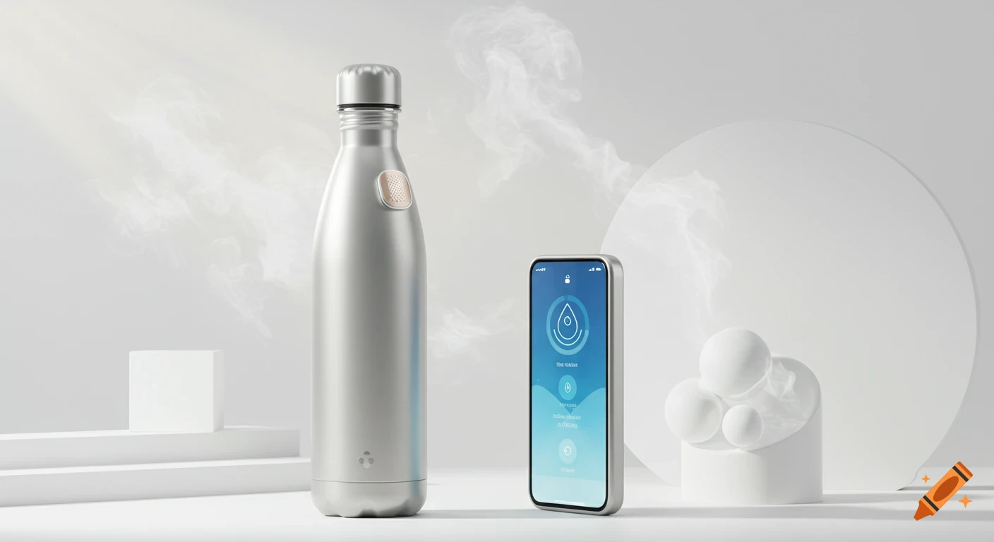 A silver smart water bottle next to a smartphone displaying a hydration ...