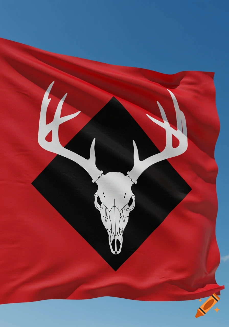 A red flag with a black diamond and white deer skull silhouette waves ...