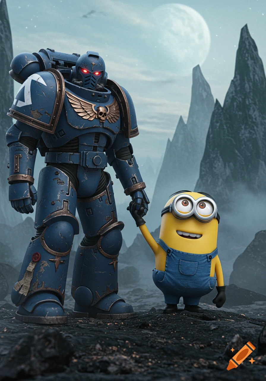 A large blue Warhammer 40k Space Marine and a small yellow Minion hold ...