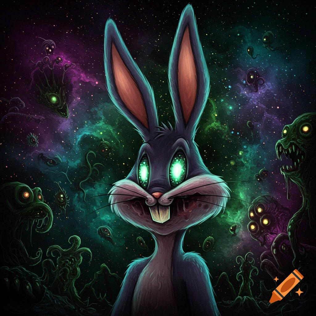 Bugs Bunny's distorted, creepy face appears on a glitchy, grayscale TV ...