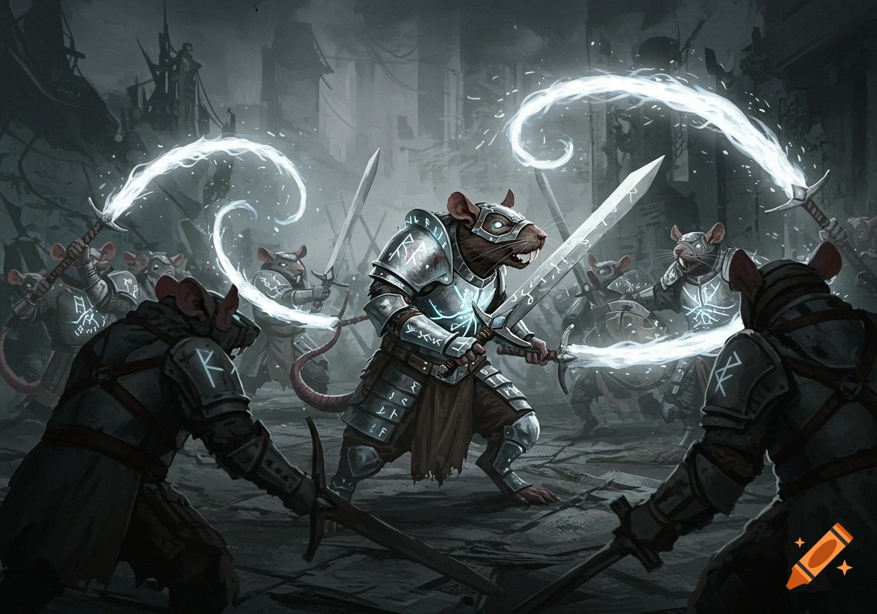 A horde of armored anthropomorphic rats with glowing eyes and runes ...