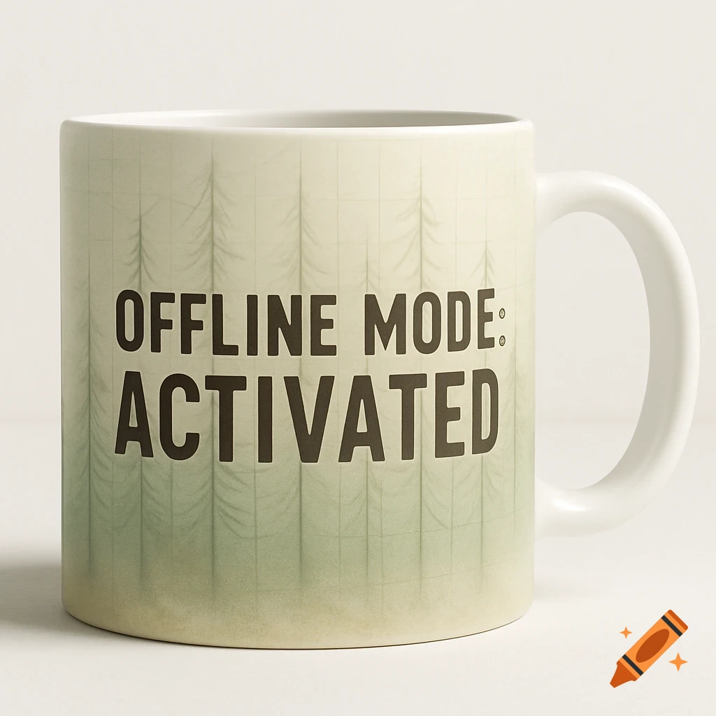 A white mug with a green fade, featuring the text 'OFFLINE MODE ...