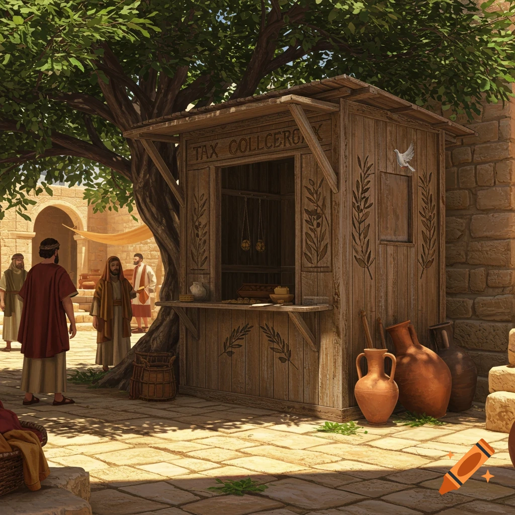 A realistic image of a wooden tax collector's booth under a large tree ...