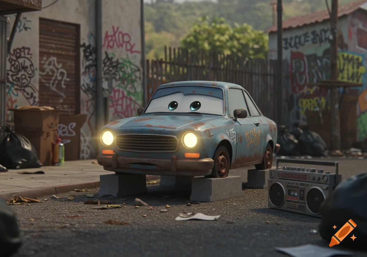 Sad, rusty blue cartoon car on blocks in a gritty, trash-strewn urban ...