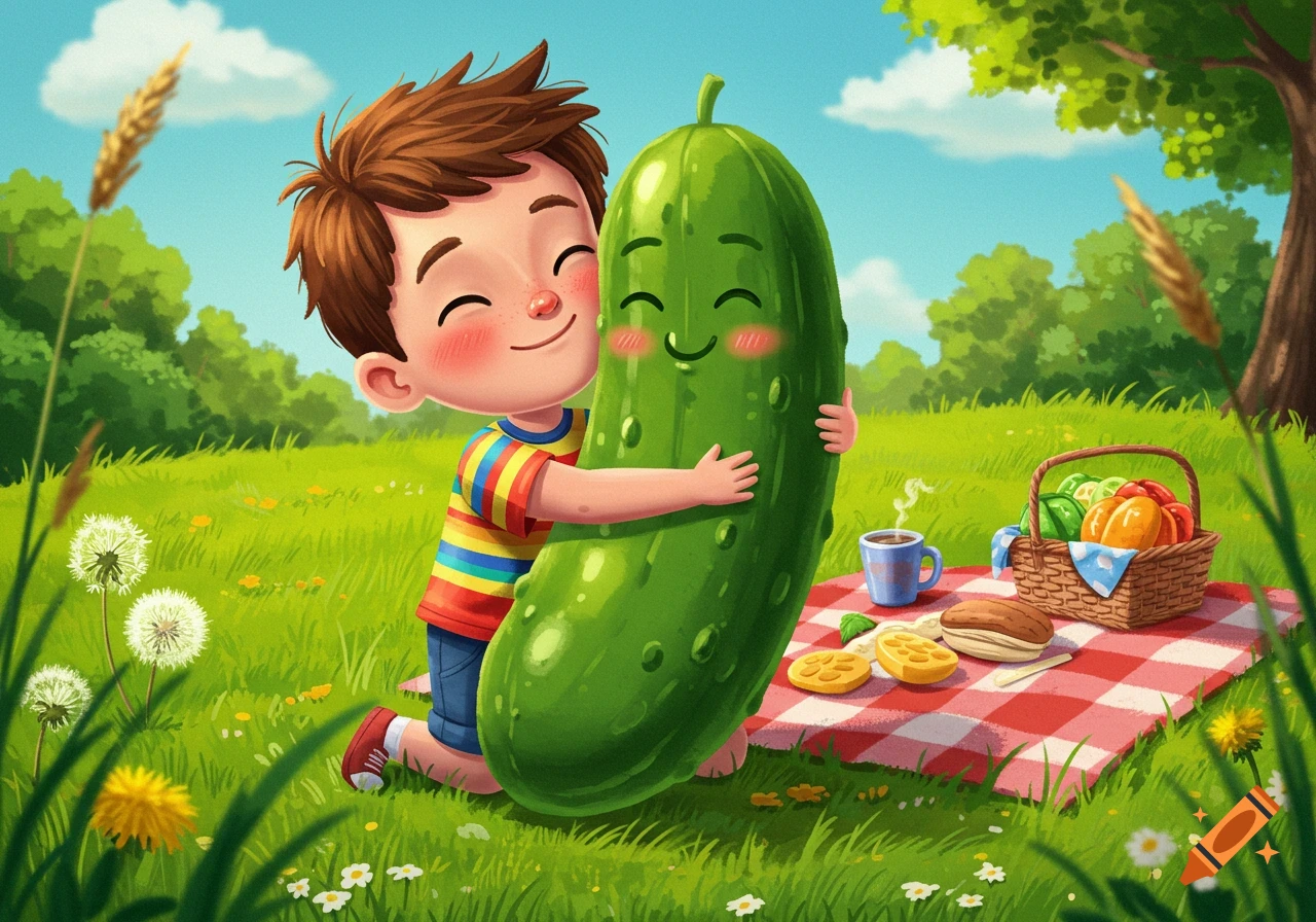 A cheerful cartoon boy with brown hair and a striped shirt kneels in a ...