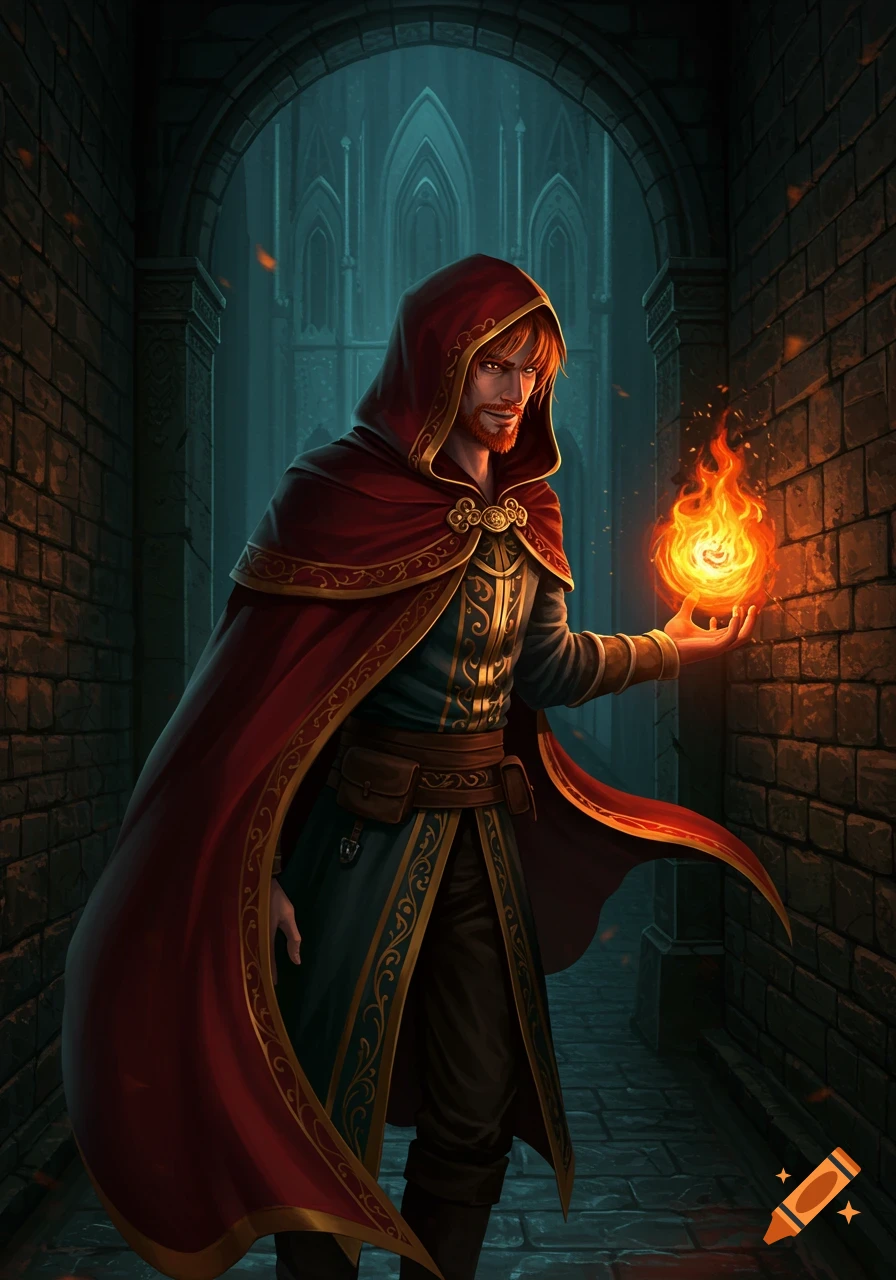 A hooded wizard with a red cloak and golden trim walks through a dark ...