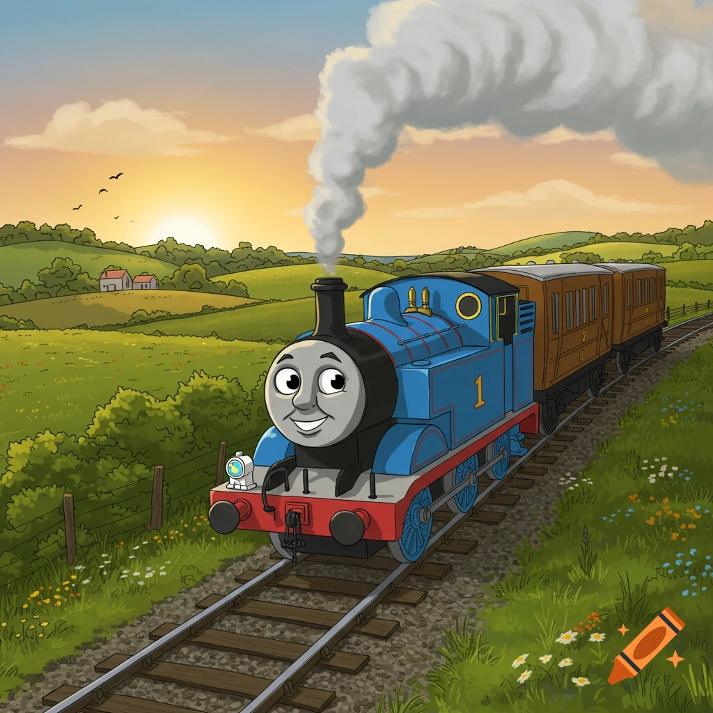 Edward the blue train pulling orange coaches on a track through a field ...