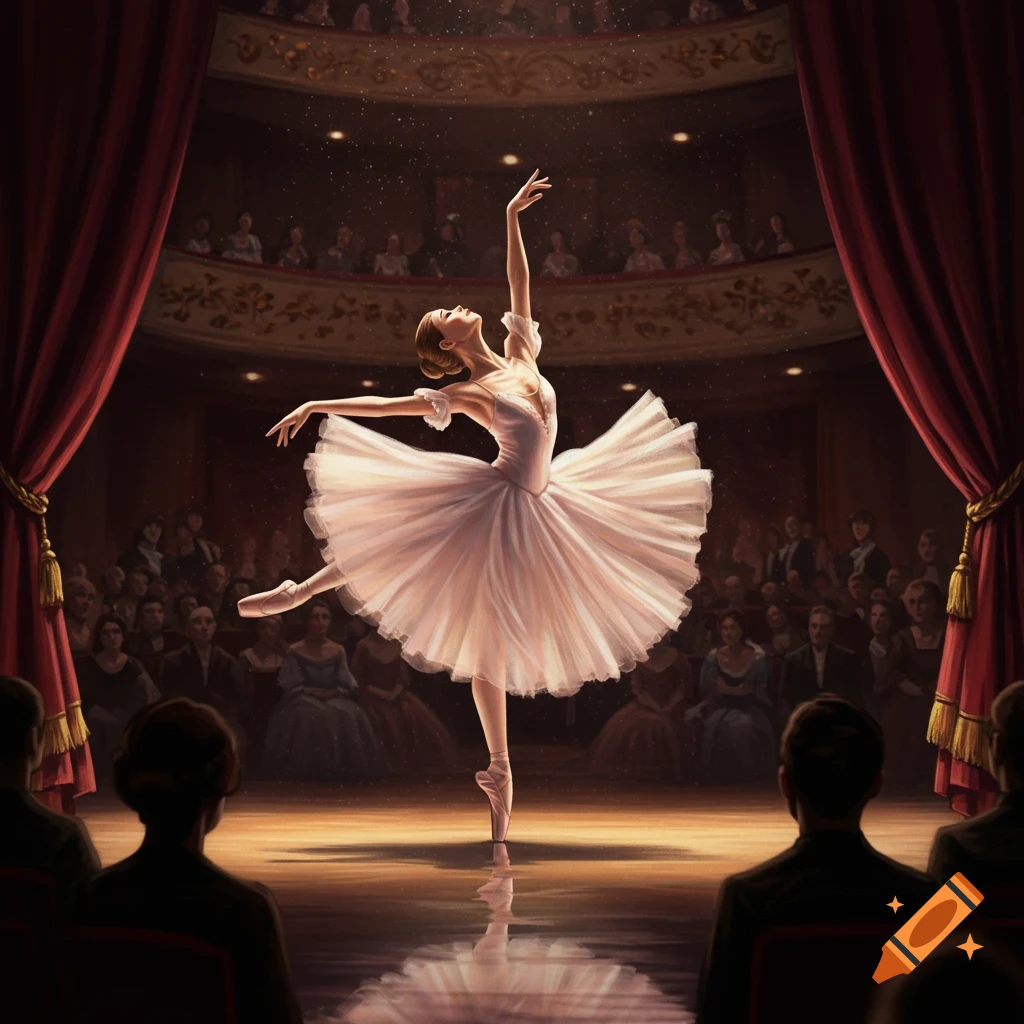 A ballerina in a pink tutu poses on stage, illuminated by spotlights ...