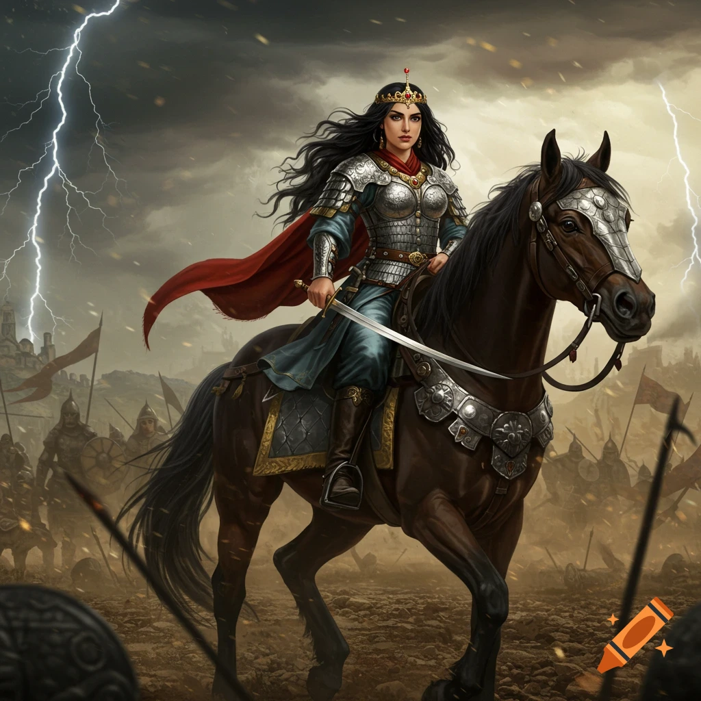 A beautiful Eastern warrior princess with long dark hair, wearing armor ...