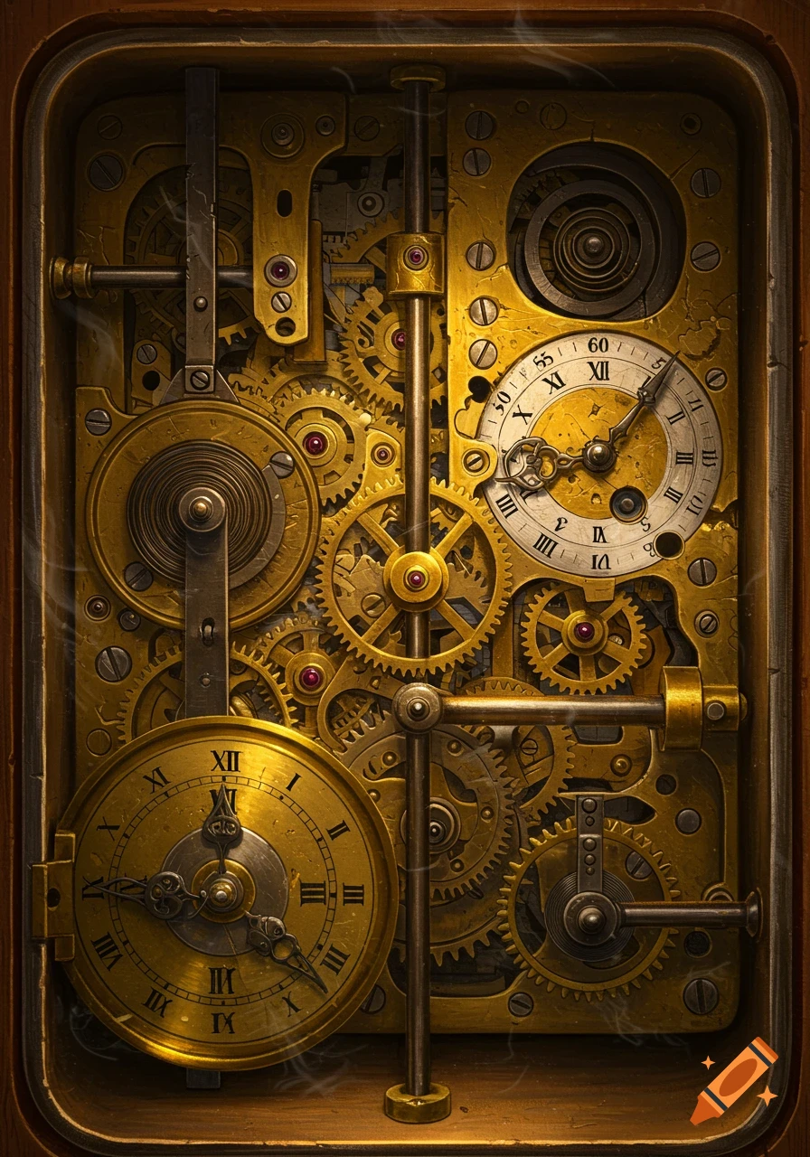 Close-up, detailed view of an intricate clock mechanism, featuring ...