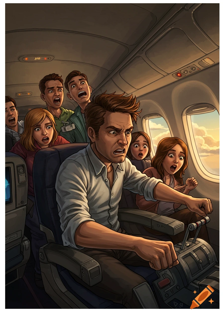 An illustrated scene of terrified passengers on an airplane, looking ...