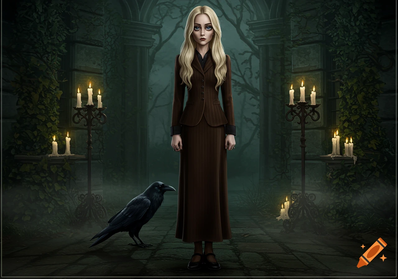 A tall, slim woman with blonde hair in a brown dress stands beside a ...