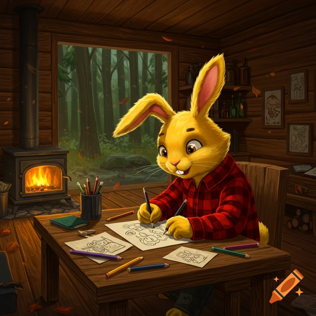 A yellow cartoon rabbit in a red flannel shirt draws at a wooden table ...