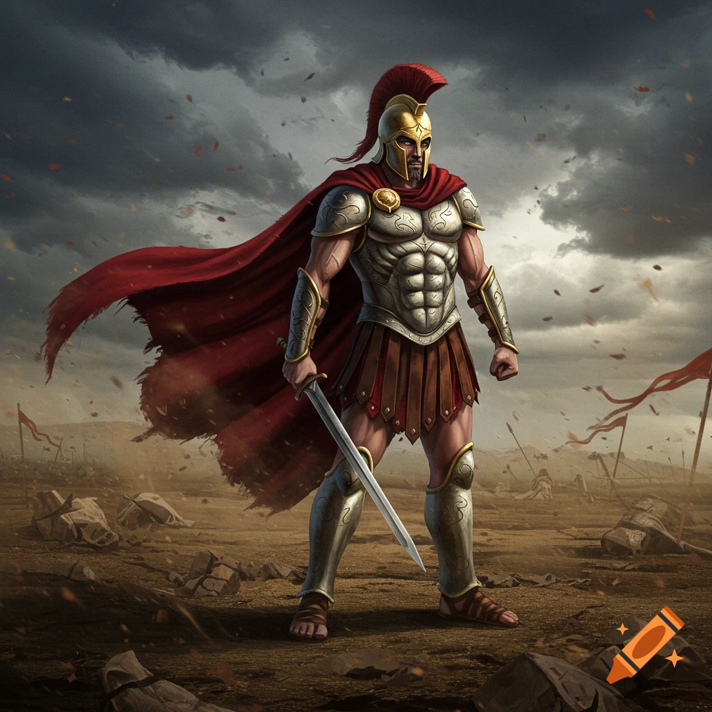 A powerful female warrior in golden armor and red cape holds two swords ...