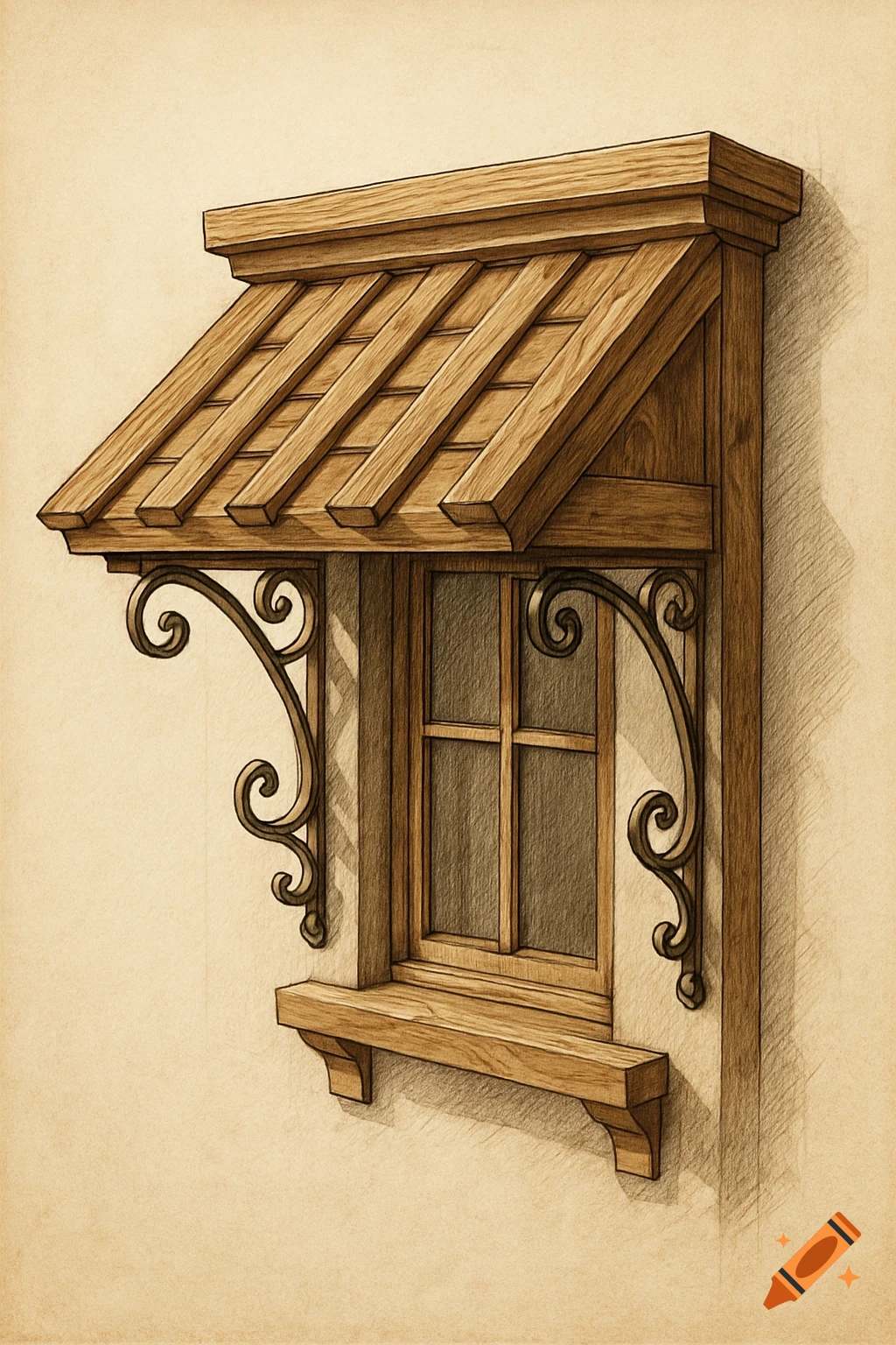 A detailed sketch drawing of a wooden window awning with ornate wrought ...