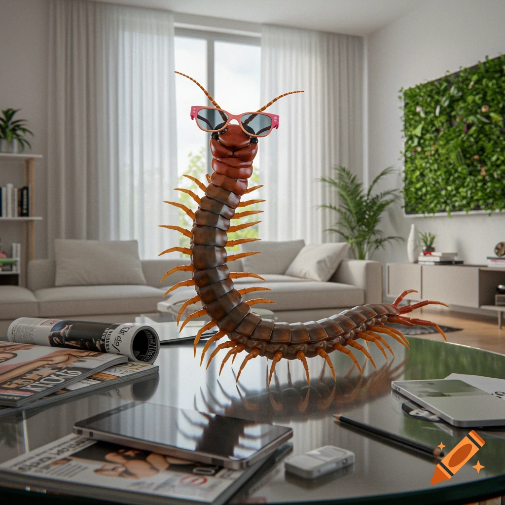 A large centipede wearing pink sunglasses stands upright on a glass ...